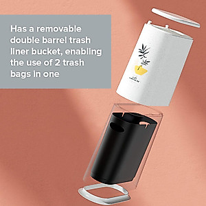 3.2Gal/12.1L Oval Slim Trash Can - Nordic Style Garbage Can with Lid - Blue Plastic Trash Can w/ Press Top Wood Grain Lid - Space Saving Kitchen Trash Can w/ Double Barrel Removable Plastic Bin Liner