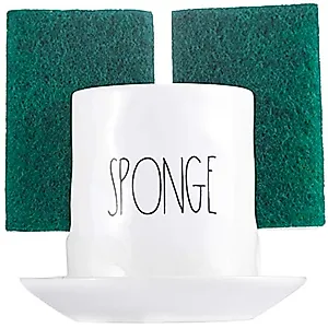Sponge Holder for Kitchen Sink Modern Farmhouse White Ceramic Sponge Caddy with Drip Tray & Includes Two Sponges by Salbree (White, 1)