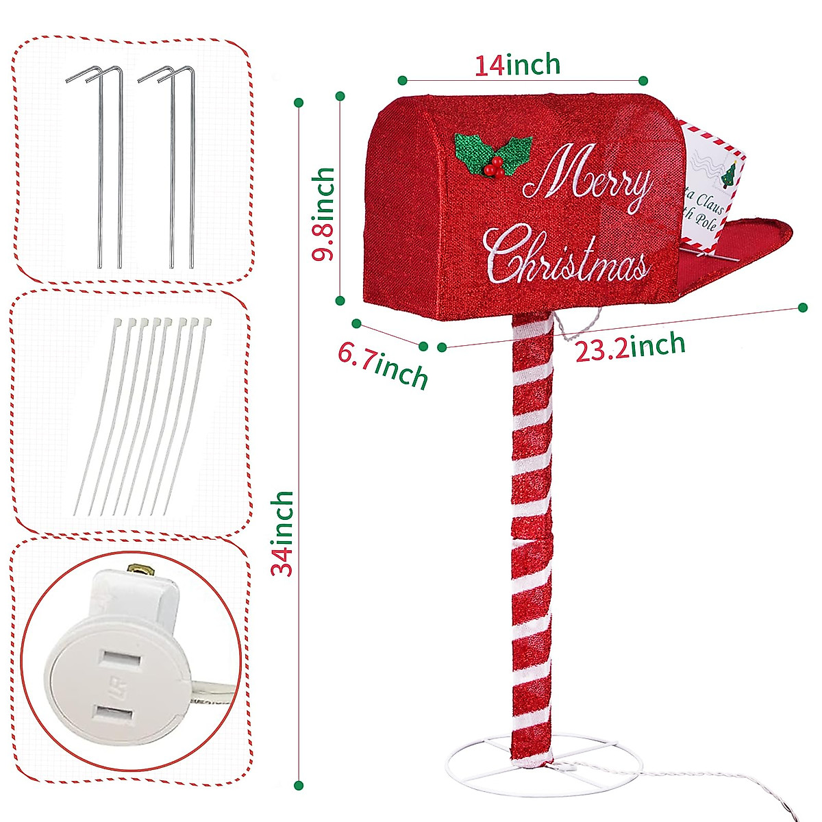 Christmas Yard Light Decorations, 34 Inch Lighted Santa’s Mailbox Yard Decor, Christmas Red Letter Box Yard Decorations, Light Up Tinsel Mailbox Christmas Decorations for Indoor Outdoor Yard