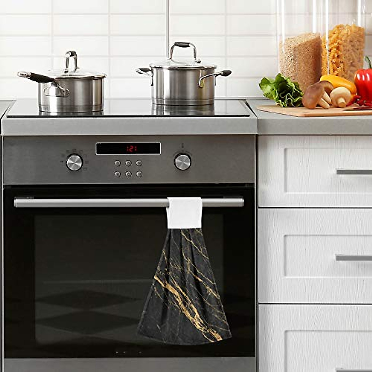 Alaza Black Marble with Golden Veins Kitchen Towels with Hanging Loop Absorbent & Fast Drying Dishtowels Set of 2