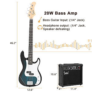 GLARRY Full Size Electric Bass Guitar with 20W AMP, 4 String Beginner Starter Kit with Accessories including Cable, Strap, Bag for Kids and Adults (Dark blue)