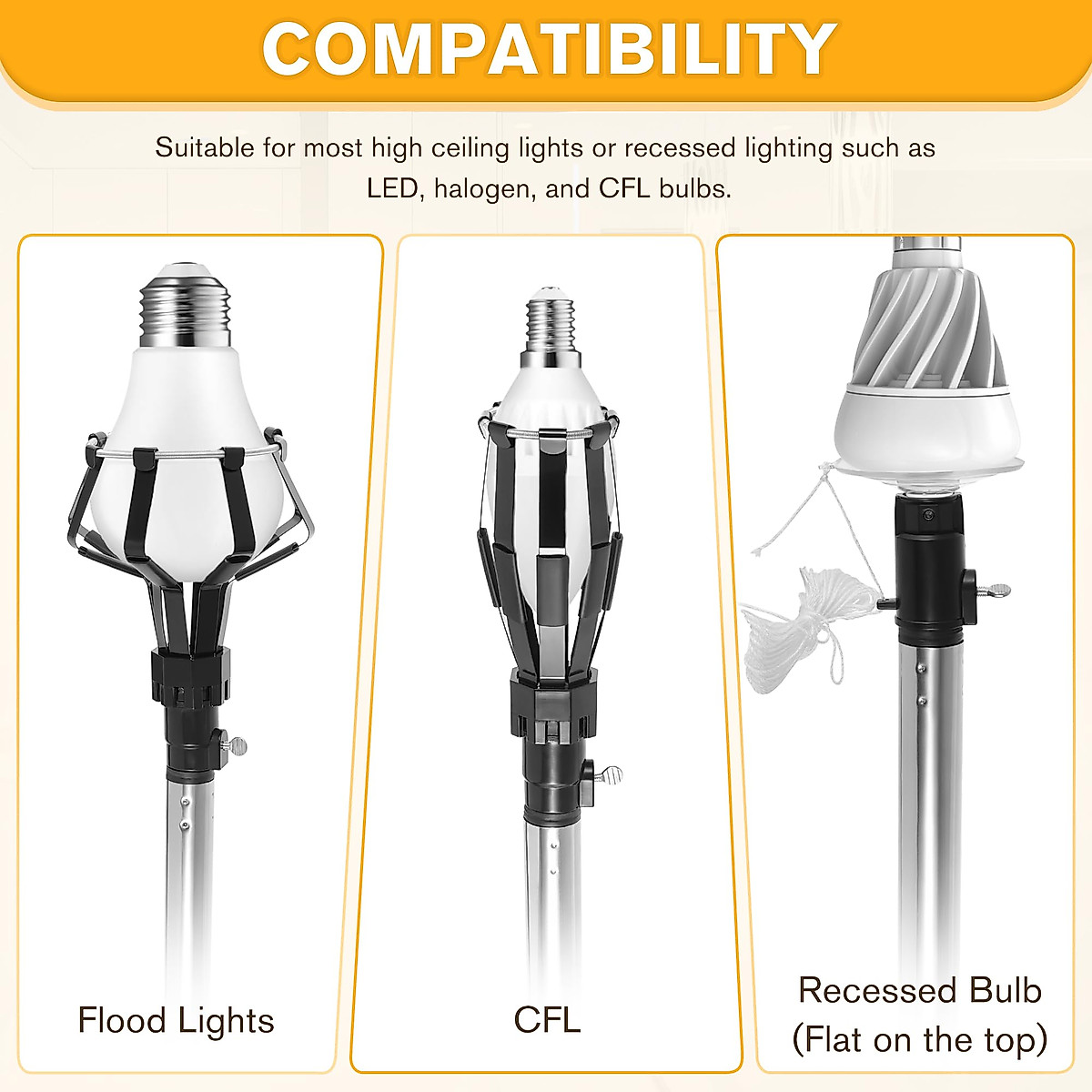 Zylany Light Bulb Changer, High Ceilings and Recessed Light Bulb Changer, Adjustable 3-12.7 Feet Light Bulb Changer for Track Lighting, Compact Fluorescent Lamps (CFL) and Flood Lights