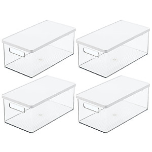 mDesign Plastic Storage Bin Box Container, Lid, Built-in Handles, Organization for Makeup, Hair Styling Tools, Accessories in Bathroom Cabinet, Cupboard Shelves, Ligne Collection, 4 Pack, Clear/White