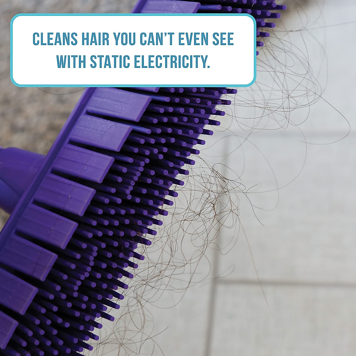 Don Aslett's Rubber Broom (12") and Hand Brush (10") Set | 59-inch Steel Pole | Multipurpose Synthetic Rubber Bristles Cleans Pet Cat or Dog Hair, Liquid Spills on Concrete & Hardwood Surface (Purple)