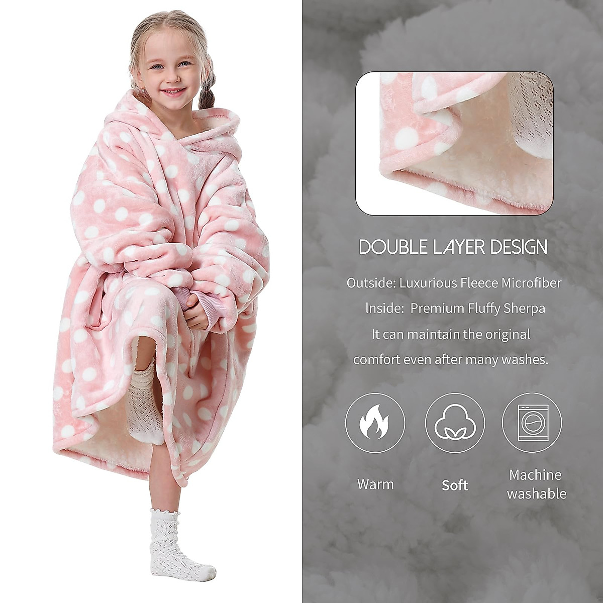 Aemicion Kids Blanket Hoodie,Oversized Wearable Blanket,Cozy Sherpa Sweatshirt Blanket,Gifts for Kids-Pink Polka Dot