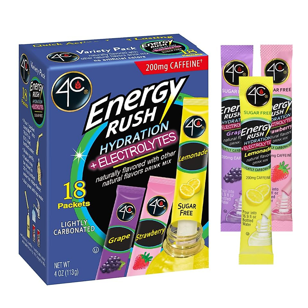 4C Energy Rush PSD with Electrolytes 18ct Variety Pack Stix (Lemonade/Strawberry/Grape - 6 of each stix)