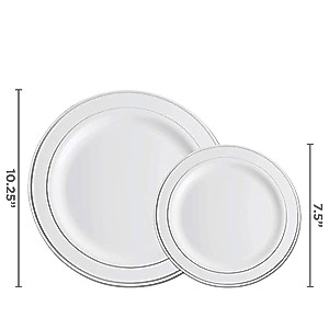 700 Piece Silver Dinnerware Set - 200 Silver Rim Plastic Plates - 300 Silver Plastic Silverware - 100 Silver Plastic Cups - 100 Linen Like Silver Napkins, 100 Guest Disposable Silver Dinnerware Set