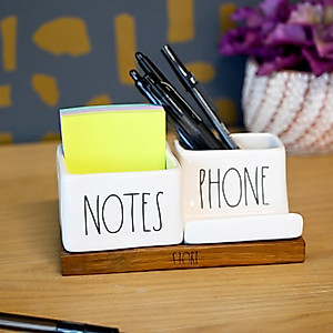 Rae Dunn Desk Organizer, Ceramic and Wood Organizer Tray with Cell-Phone Holder, Note-Card Holder, and Pen Holder, Organizer for Office Desk Accessories