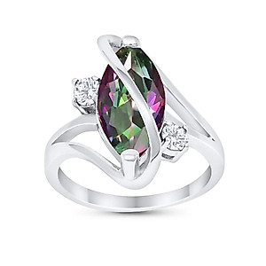 Blue Apple Co. 3 Stone Swirl Fashion Ring Marquise Round Simulated Rainbow Cubic Zirconia 925 Sterling Silver Size-7