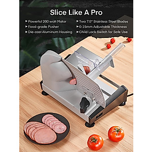 Meat Slicer for Home Use, FOHERE 200W Electric Deli Food Slicer With Two Removable 7.5" Stainless Steel Blade, Adjustable Thickness(0-15mm), Easy to Clean, Cut Meat Cheese Bread, Silver