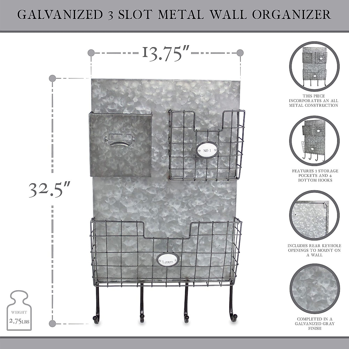 Cheung's FP-4037 Metal Wall Organizer with 4 Hooks and 3 Storage Slots