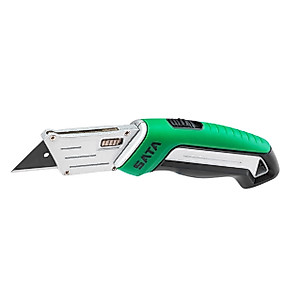 SATA T-Series Folding Utility Knife with Easy-Access Blade Storage in the Body and a Green Dual Material Handle - ST93486
