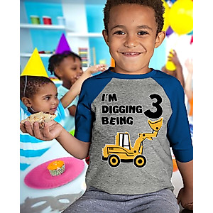 I'm Digging Being 3 3rd Birthday Shirt Boy Construction Kids Raglan T-Shirt Blue 3T