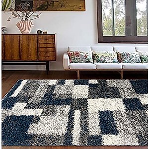 Rugshop Distressed Modern Boxes Plush Shag Area Rug 7'10" x 10' Navy
