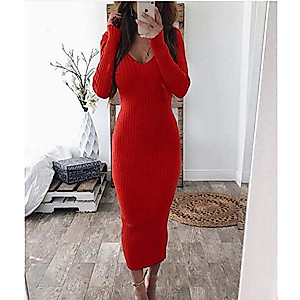 Cinyifaan Womens Deep V Neck Knit Sweater Long Sleeve Bodycon Midi Pencil Dress