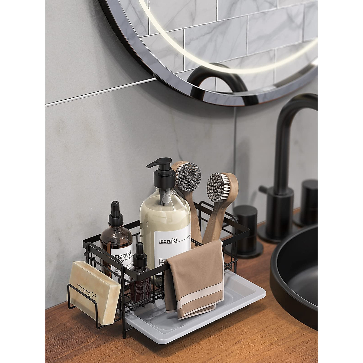 FixOwl Sink Caddy Kitchen Sink Organizer Sponge Holder for Kitchen Sink Non-Slip Countertop Organizer SUS304 with Removable Tray, Black