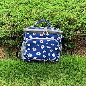 FlowFly Insulated Reusable Lunch Bag Adult Large Lunch Box for Women and Men with Adjustable Shoulder Strap,Front Zipper Pocket and Dual Large Mesh Side Pockets,Daisy