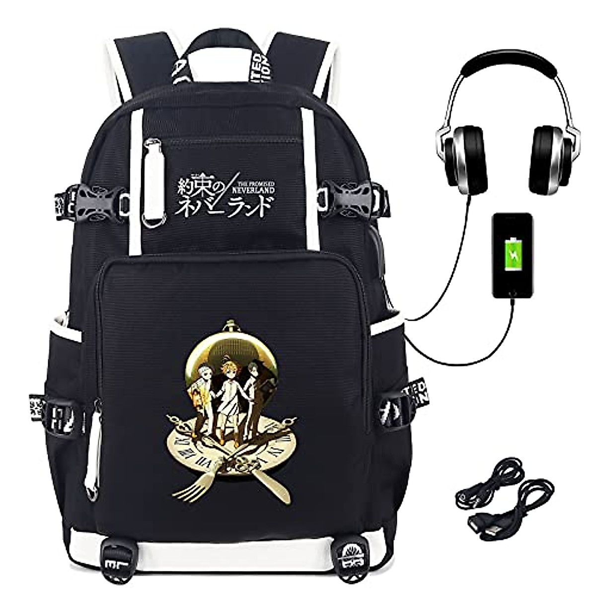 Roffatide Anime The Promised Neverland Backpack Printed Schoolbag Laptop Daypack with USB Charging Port & Headphone Port Black