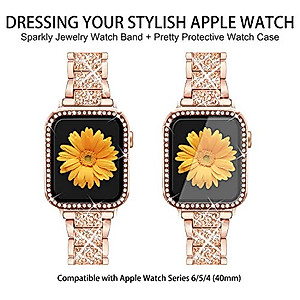 Mesime Compatible for Apple Watch Band with Screen Protector Case, Jewelry Replacement Band 45mm 44mm 42mm 41mm 40 mm 38mm 2 Pack Bling Protective Cover for iWatch Series 8/7/6/5/4/3/2/1/SE Women