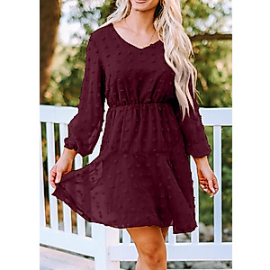 KIRUNDO Womens Spring Dresses 2024 Fashion Casual Long Lantern Sleeve V Neck Cute Swiss Dot Mini Wedding Guest Dress(Style2-Wine Red, X-Large)