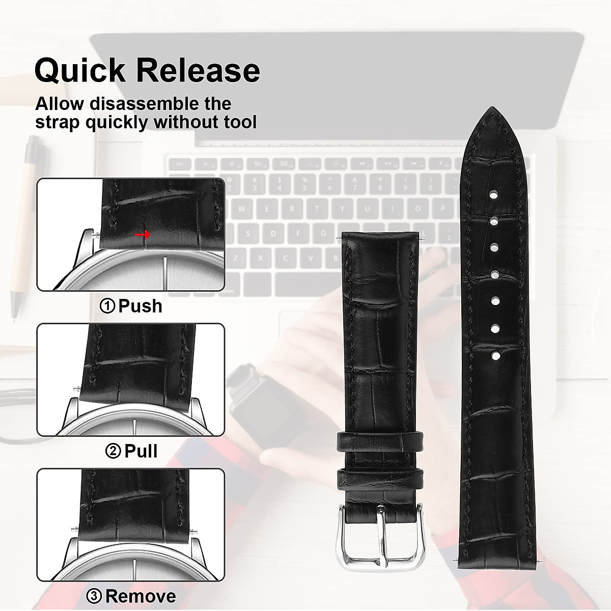 TIESOME Quick Release Leather Watch Band, 18mm 20mm 22mm Leather Watch Strap, Valentine's Day Gifts for Him or Her (22mm, Black)