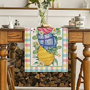 Artoid Mode Buffalo Plaid Daisy Egg Easter Table Runner, Seasonal Kitchen Dining Table Decoration for Indoor Home Party 13x72 Inch