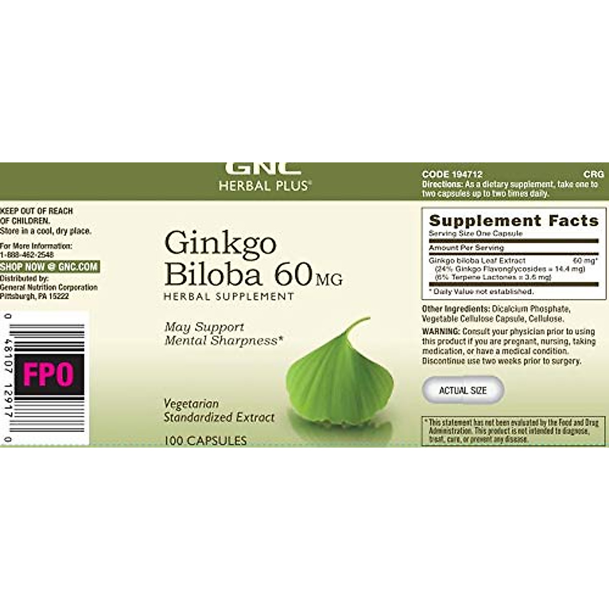 GNC Herbal Plus Ginkgo Biloba 60mg, 100 Capsules, Supports Mental Sharpness