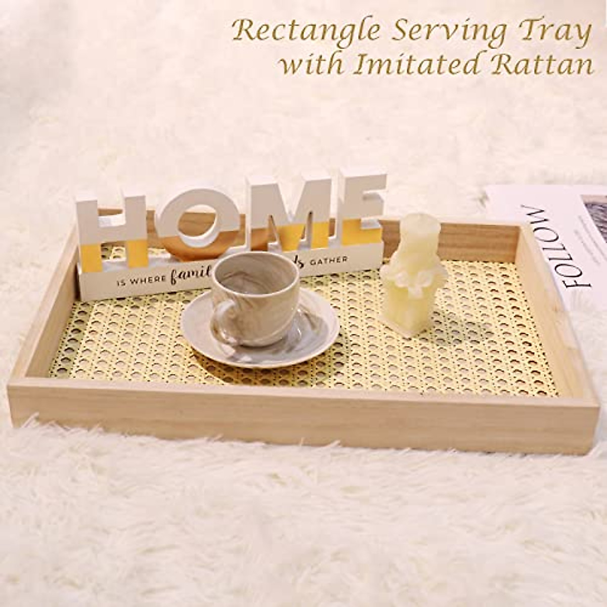 15 x 10 in Rectangle Decorative Tray with Imitated Rattan Handmade, Ottoman Tray, Boho Serving Tray, Basket Serving Tray with Wooden Frame for Coffee, Breakfast, Food, Drink