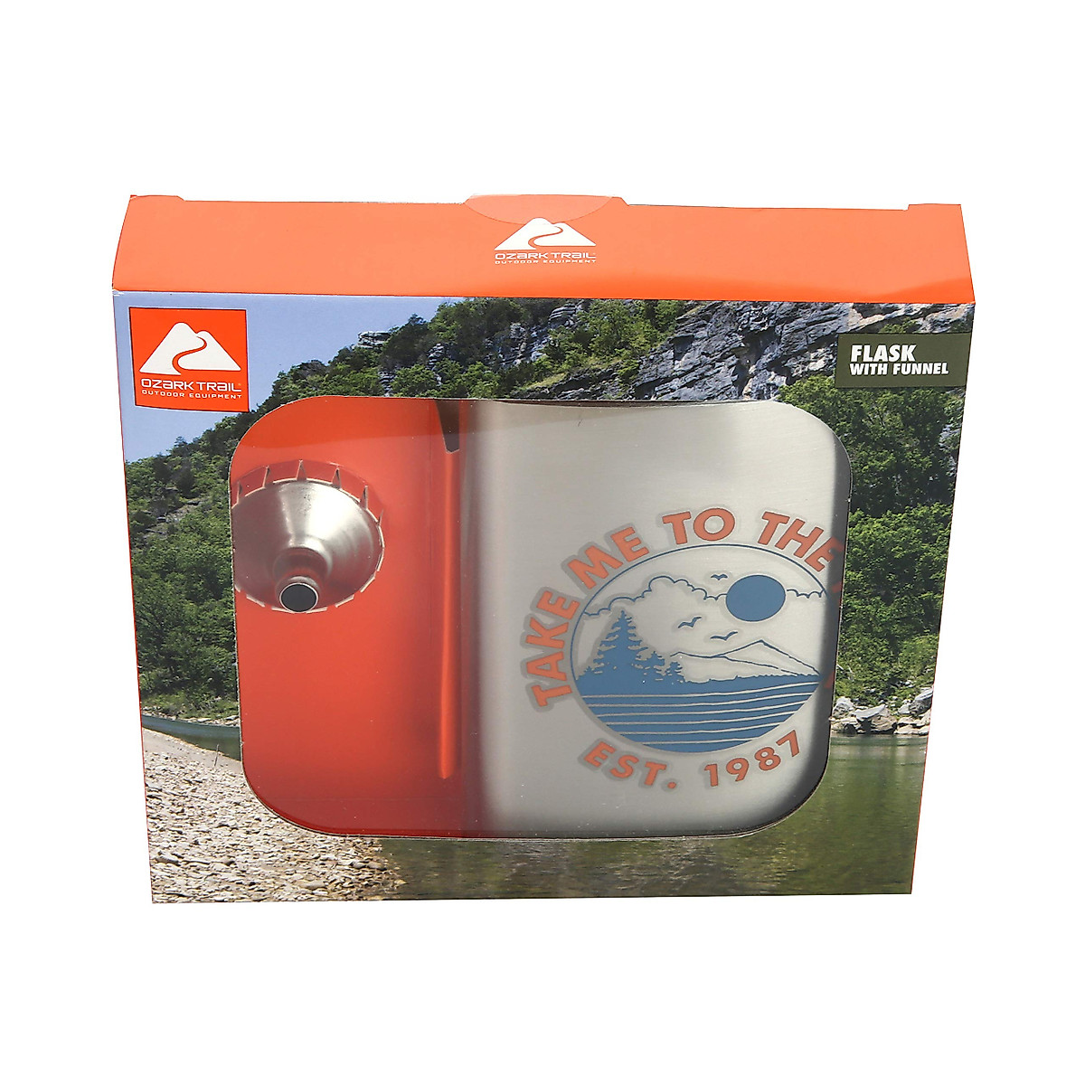 TUGG Ozark Trail 7.5oz Stainless Steel Flask with Attached Cap and Easy-pour Funnel (Take Me to the Trail)