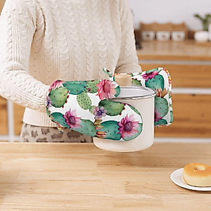 Cactus Flower Printed Oven Mitts and Pot Holders Sets Heat Resistant Kitchen Oven Gloves Potholders Set Extra Long Non-Slip Silicone Gloves for Cooking Baking BBQ