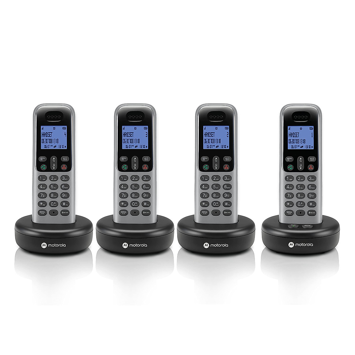 Motorola Voice Cordless Phone System w/ 4 Digital Handsets + Answering Machine, Remote Access, Call Block - Dark Grey (T614)