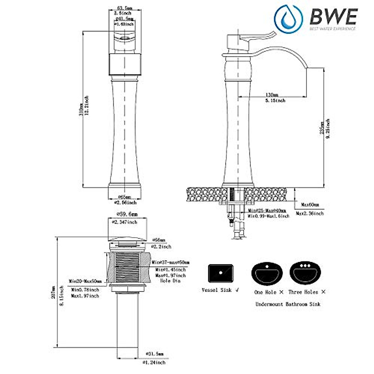 BWE Vessel Sink Faucet Oil Rubbed Bronze Farmhouse Waterfall Single Hole Bathroom Faucet with Pop Up Drain Without Overflow and Supply Line Bath Basin Single Handle Faucets Sink Lavatory Mixer Tap