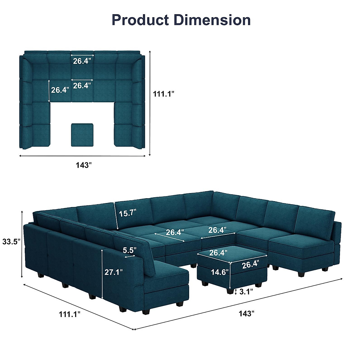Belffin Modular Sectional Sleeper Sofa Couch Bed Oversized U Shaped Cocuh with Storage Convertible Sleeper Sofa Bed. Peacock Blue