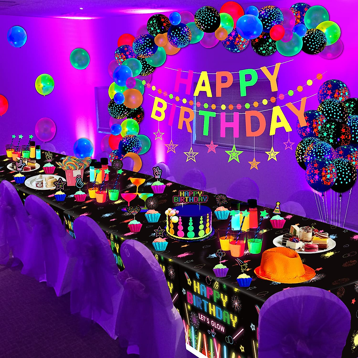 80 Pack Glow Neon Party Supplies Glow Party Decorations Black Light Reactive Decor Set - Fluorescent Banner, BlackLight Garland, Hanging Stars, Glow in The Dark Balloons, Neon Tablecloth, Cake Toppers