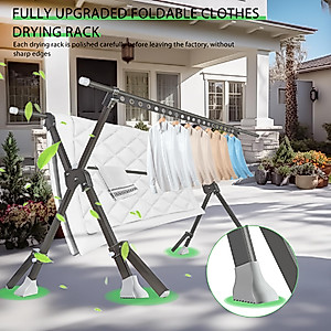 REAMIC 91 inches Folding Clothes Drying Rack Length Adjustable Laundry Clothes Drying Racks Indoor Outdoor Free Installed Collapsible Heavy Duty Foldable Drying Rack with 42 Windproof Hooks