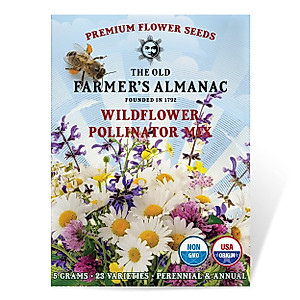 The Old Farmer's Almanac Premium Wildflower Seeds (23 Variety Pollinator Mix) - Non-GMO, Open Pollinated - Columbine Cosmos Foxglove Larkspur Poppy Snapdragon Zinnia... Attracts Butterflies Bees Birds
