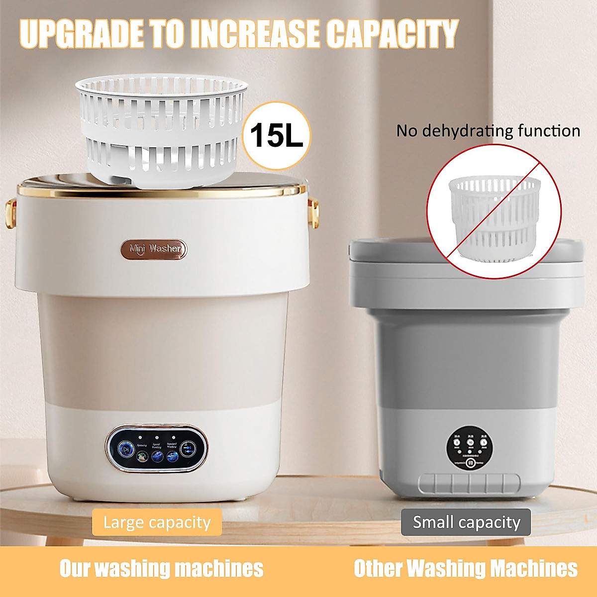 Portable Washing Machine,Mini Washer 15L Upgraded With Spin Basket,Small Clothes Folding Washing Machine Of Underwear, Baby And Small Clothes,Suitable For Home Apartments Dormitories, Hotels Beige