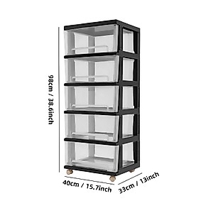 Dcehkr Storage Drawers 5 Drawer Plastic Drawers with 4 Caster Wheels Plastic Drawer Storage Suitable for Organize Books, Jewelry, Cosmetics, Towels, Snacks and Miscellaneous Items (Black)