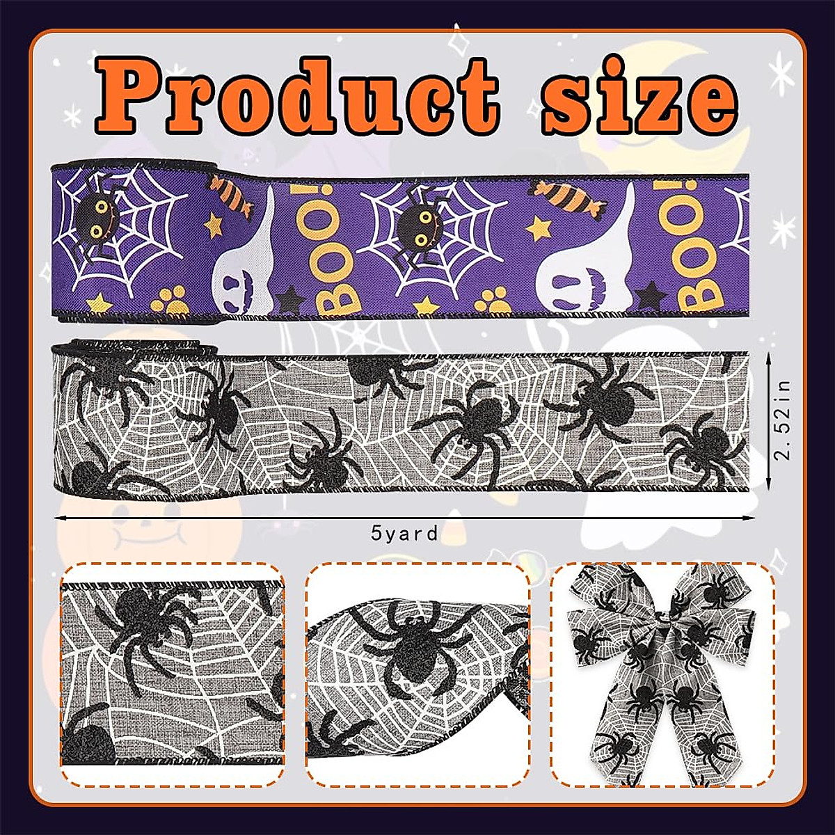 Hying 2 Rolls Halloween Ribbon for Wreath Bows Wrapping Gifts, Black Purple Spider Ribbons for Gift Wrapping Halloween Party Decoration DIY Crafts 2.5" X 10 Yards Spider Web Ghost Wired Edge Ribbon