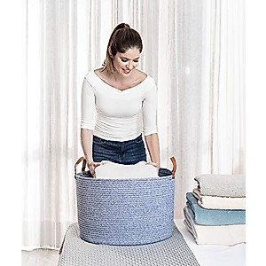 OrganiHaus Large Basket for Blankets for Living Room 20x13 | Woven Laundry Basket | Boho Blanket Basket | Toy Storage Basket for Kids | Cotton Rope Basket w/Handles | Shoe Basket for Entryway - Blue