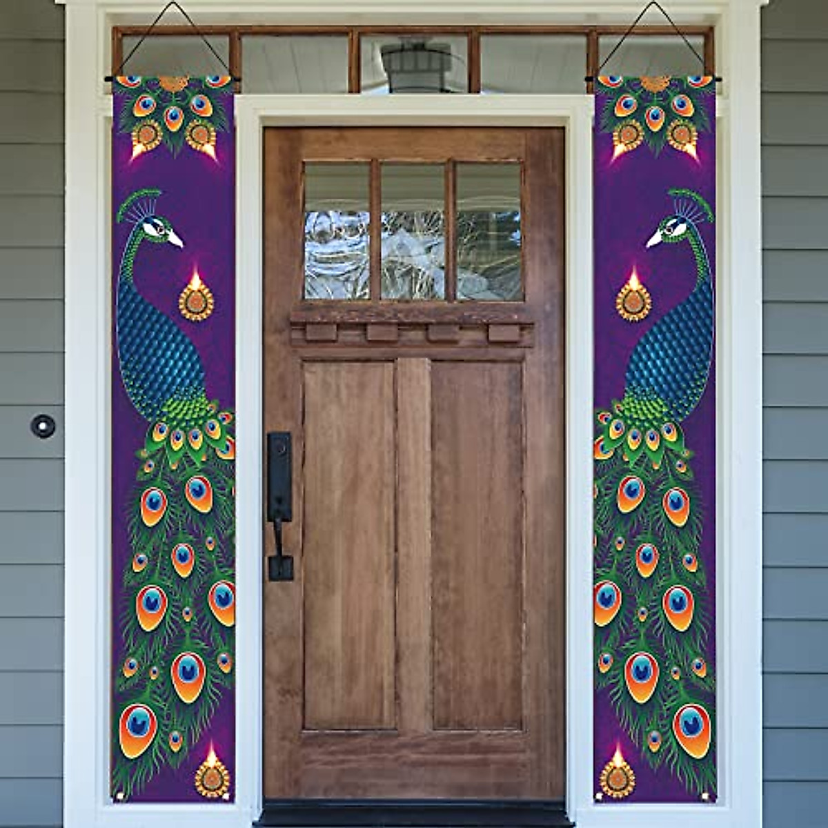 Happy Diwali Porch Banner Indian Diwali Peacock Front Porch Welcome Sign Deepawali Indian Festival of Lights Decorations-12×71''