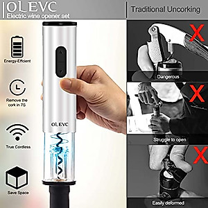 Olevc Rechargeable Electric Wine Bottle Opener, Automatic One-Button Corkscrew Opener Kit with Foil Cutter, Vacuum Stopper and Wine Aerator Pourer for Household Kitchen Party Bar(Stainless Steel)