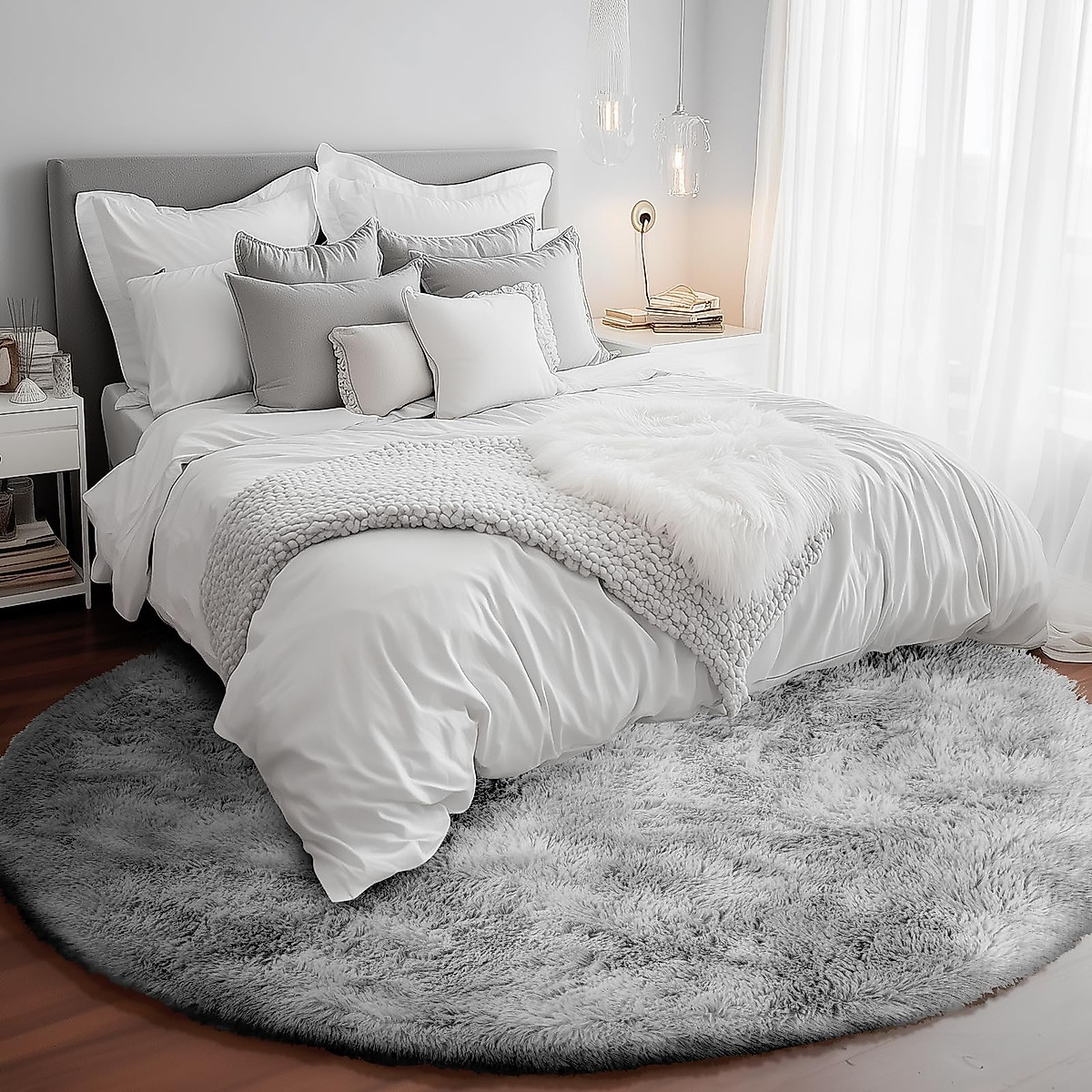 Puremy Round Rug for Bedroom, 5x5 Fluffy Circle Area Rugs for Kids Room, Soft Shaggy Circular Carpet for Nursery Living Room, Non-Slip Home Decor Rug for Teen's Room, Tie-Dye Light Grey