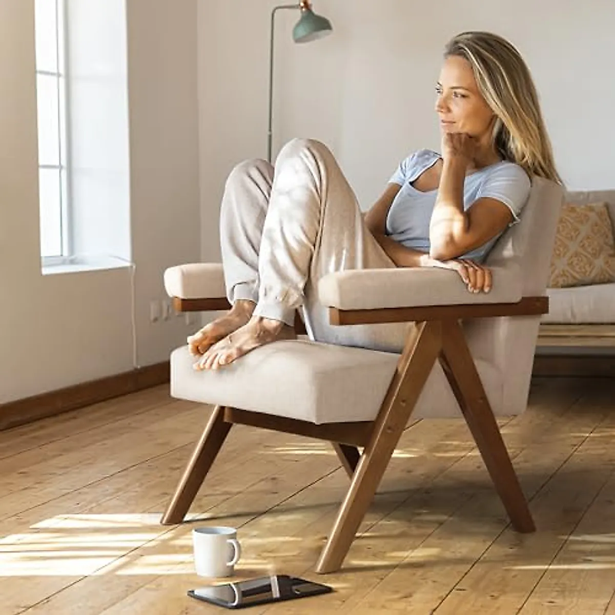 Waleaf Mid Century Modern Accent Chairs Arm Chair Set of 2 with Padded Armrests, Upholstered Chair for Living Room Bedroom Side Chair with Solid Wood Frame Corner Chair (Beige - Set of 2)