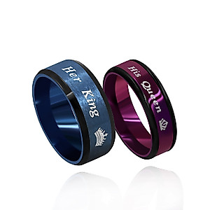 His Queen Ring Black Purple Tone, Matching Wedding Band Promise Ring, Couples Valentines Jewelry for Women Girlfriend Y1314 (size 7)