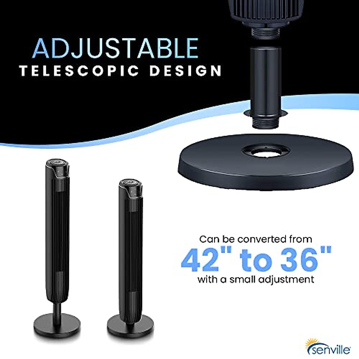 Senville SENTF-19JRA 42" Oscillating Tower Fan 3 Speed Remote Control Timer Adjustable Height Black