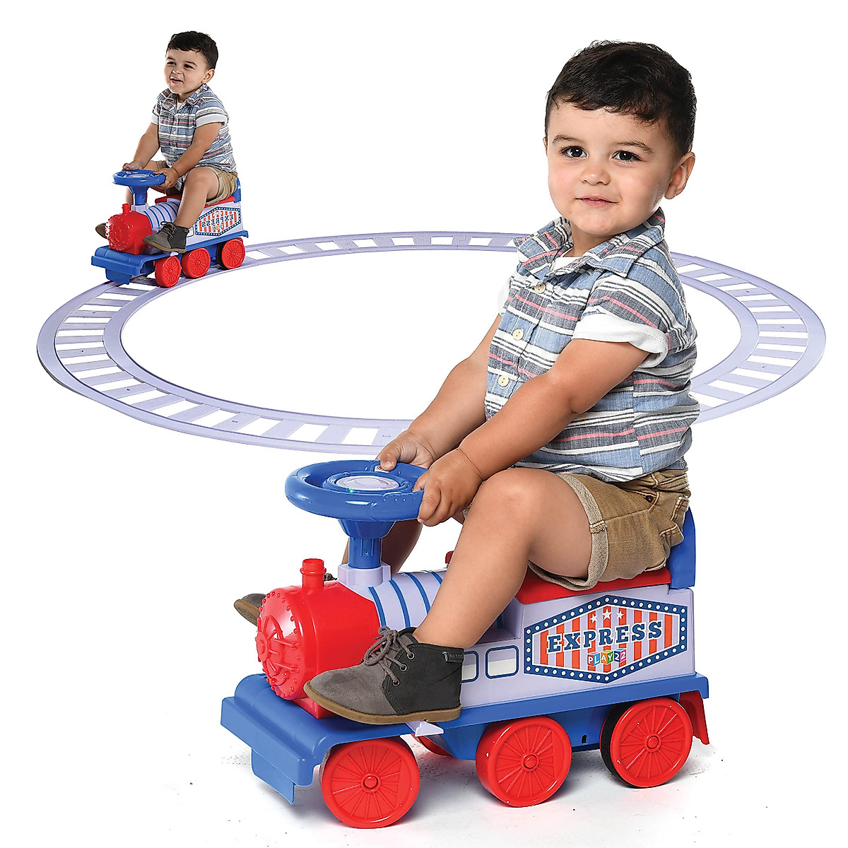 Play22 Electric Ride On Toy Train with Tracks - Ride On Train for Toddlers 1-3 Features Fun Flashing Lights and Music, Storage Seat, 16 Tracks - Playable Without Tracks - Riding Toys for Kids