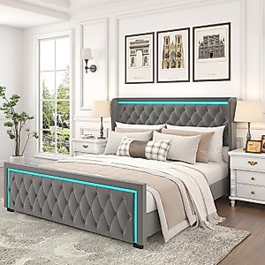 Gustonhon Queen Platform Bed Frame with High headboard, Velvet Upholstered Bed with Deep Tufted Buttons,Adjustable Colorful LED Light Decorative Headboard and Pedals Wide Wingbacks Noiseless(Grey)
