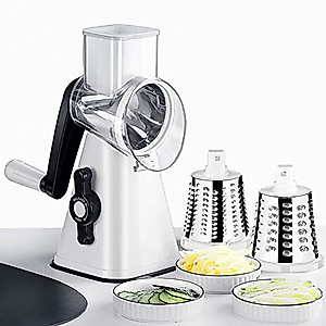 Rotary Cheese Grater,3 in 1 Multi-functional Mandoline Vegetable Shredder,Slicer with Strong Suction Base, 3 Drum Blades in Set (White & Black)