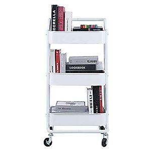 3-Tier Metal Mesh Rolling Cart Storage Organizer with Utility Handle and Wheels, White